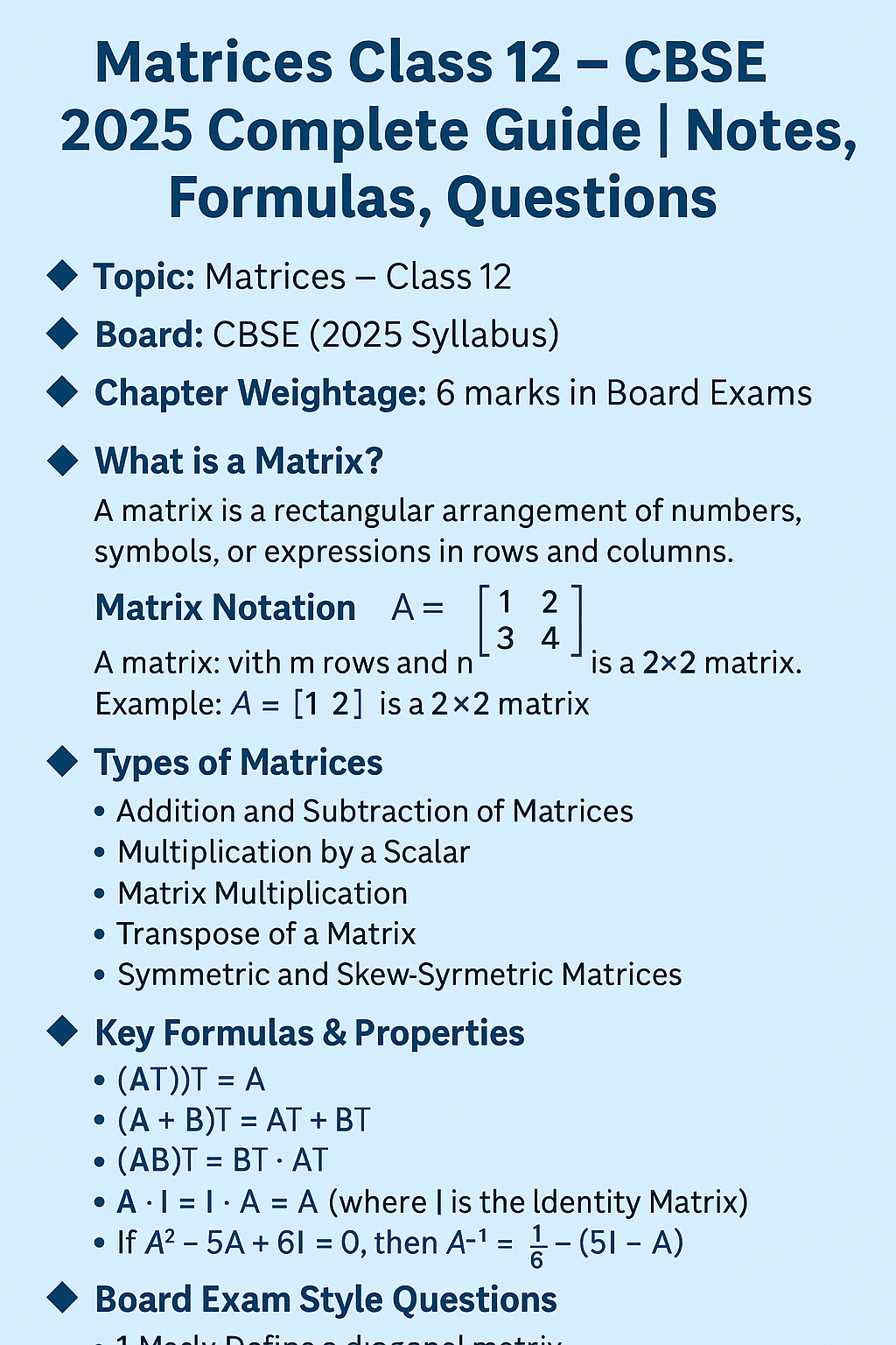 Matrices Class 12 – CBSE 2025 Complete Guide | Formulas, Notes ...