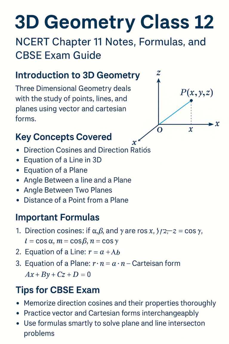 3D Geometry Class 12 – NCERT Chapter 11 Notes, Formulas, And CBSE Exam